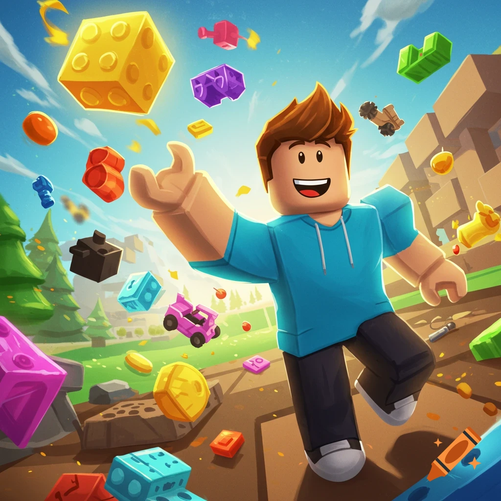 Blocky character reaches out among floating colorful building blocks ...