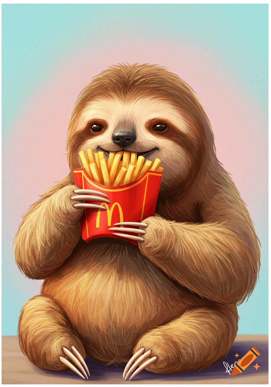 A cute sloth sits eating french fries from a red box with a yellow logo ...