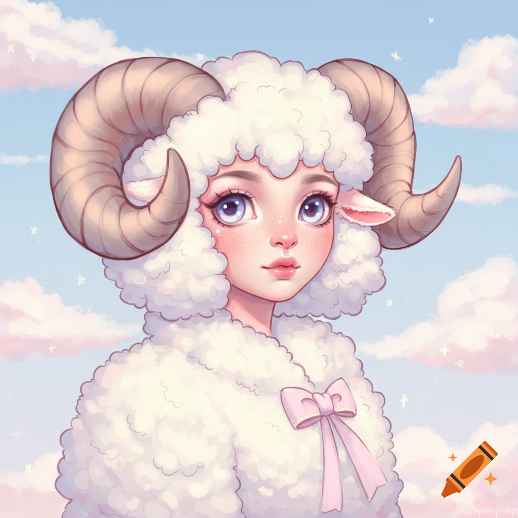 Cute portrait of a ram girl hybrid with horns and sheep's wool against ...