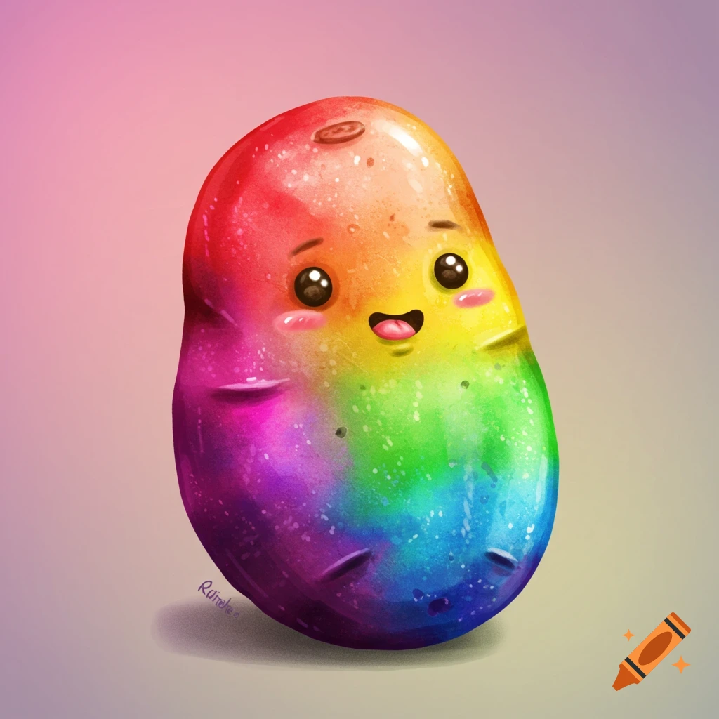 Illustration of a cute rainbow potato with a happy face. on Craiyon