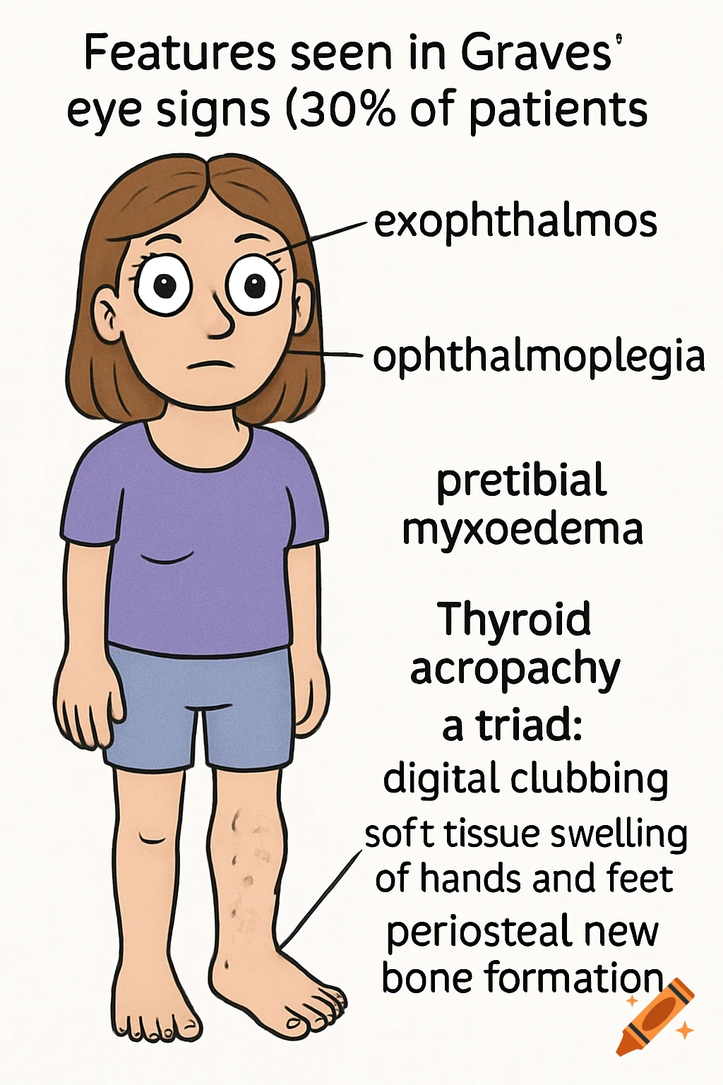 A cartoon diagram of a person showing signs of Graves' disease, with ...