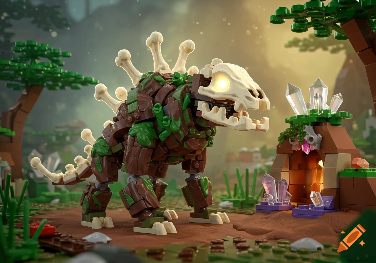 A Lego monster made of brown and green bricks with a bone skull head ...