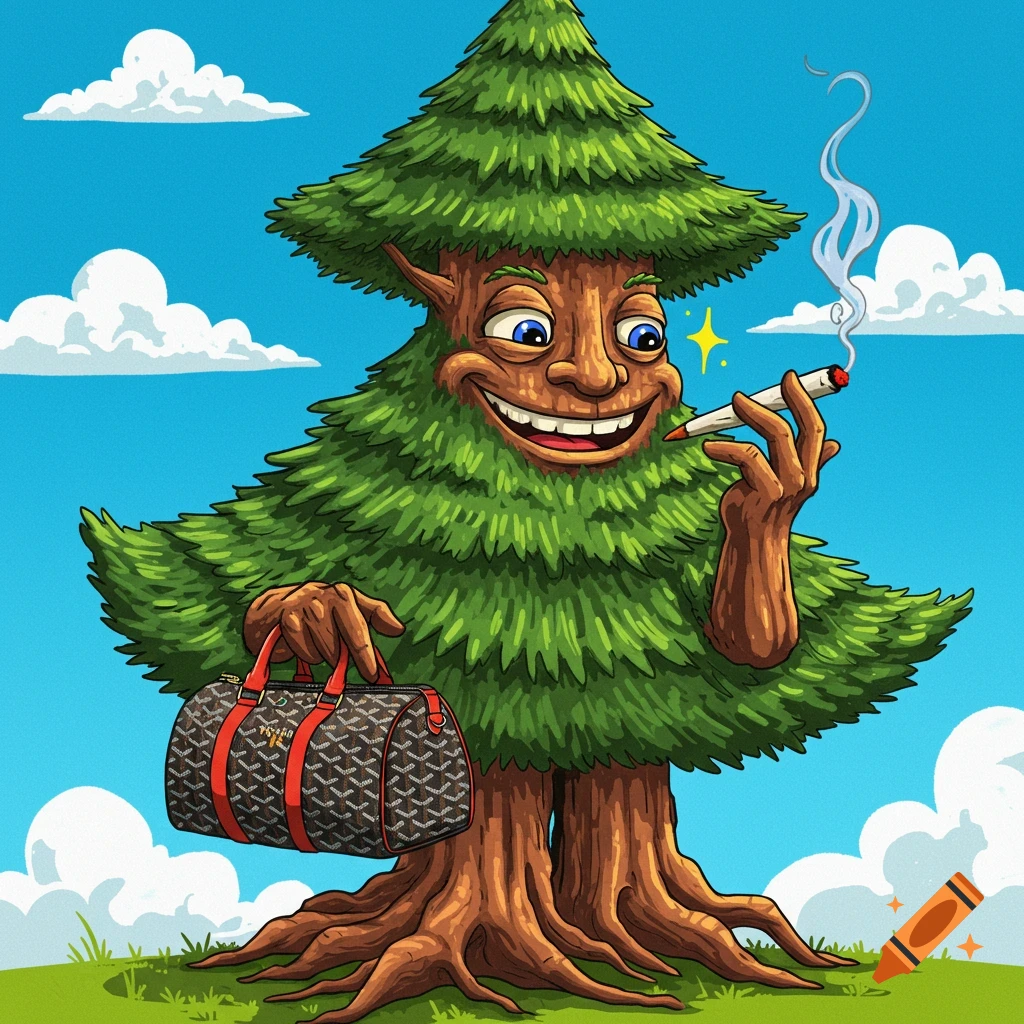 Cartoon illustration of an anthropomorphic pine tree holding a ...