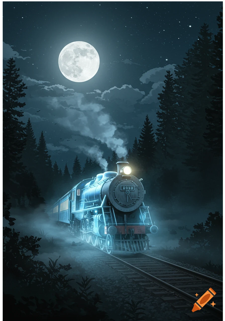 Illustration of a steam train in a misty forest at night under a full ...