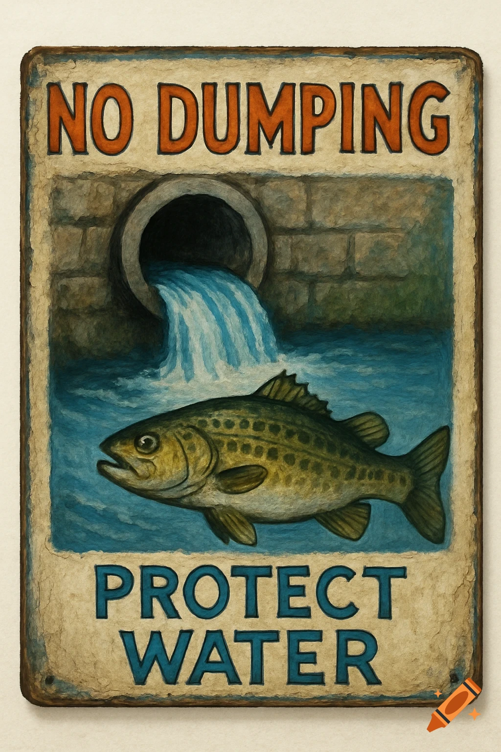 Textured sign with 'NO DUMPING / PROTECT WATER', showing a fish, pipe ...