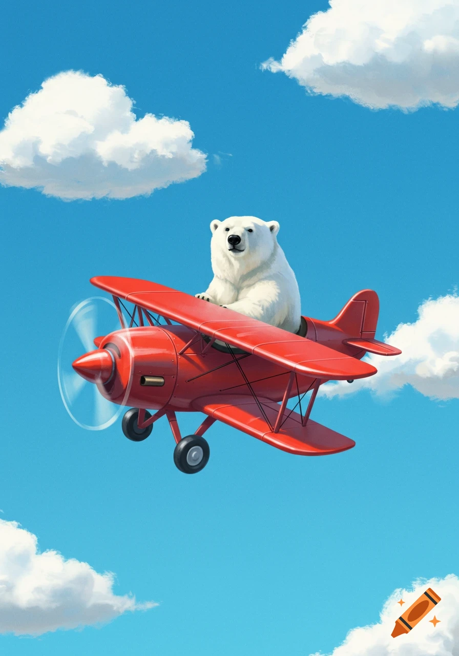 A cartoon polar bear pilots a red biplane through a blue sky with ...