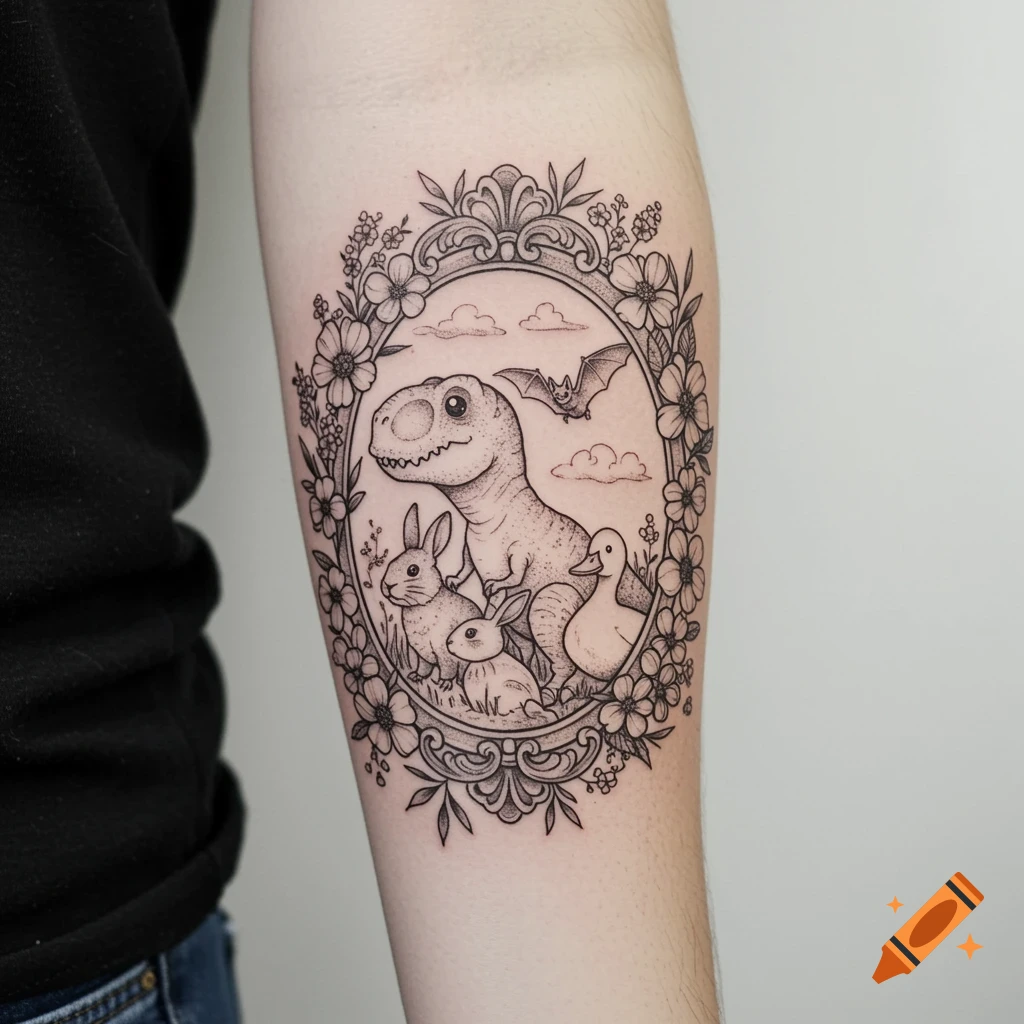 Black and grey tattoo of a cute dinosaur, rabbits, duck, and bat in a ...