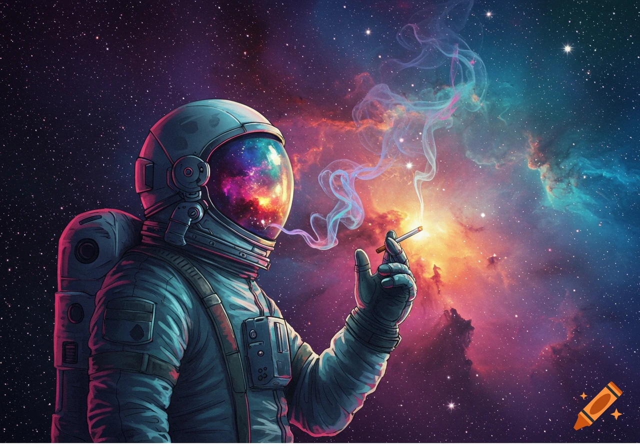 Astronaut smoking a cigarette in space with colorful nebulae. on Craiyon