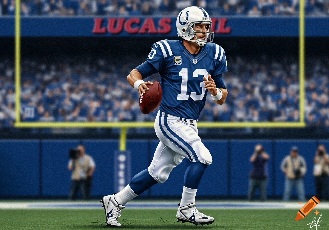 Indianapolis Colts quarterback running with football in stadium on Craiyon