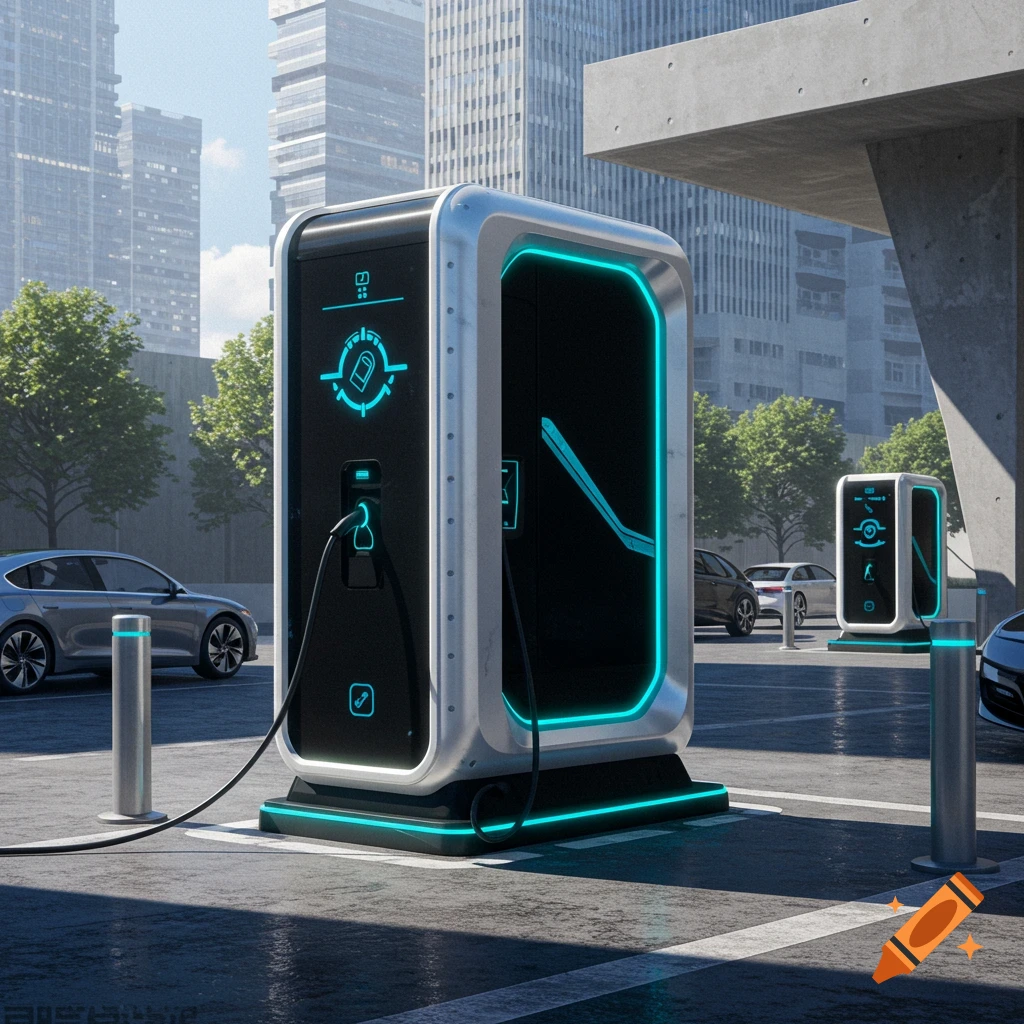 Futuristic EV charging pods in an urban parking lot with cars and ...