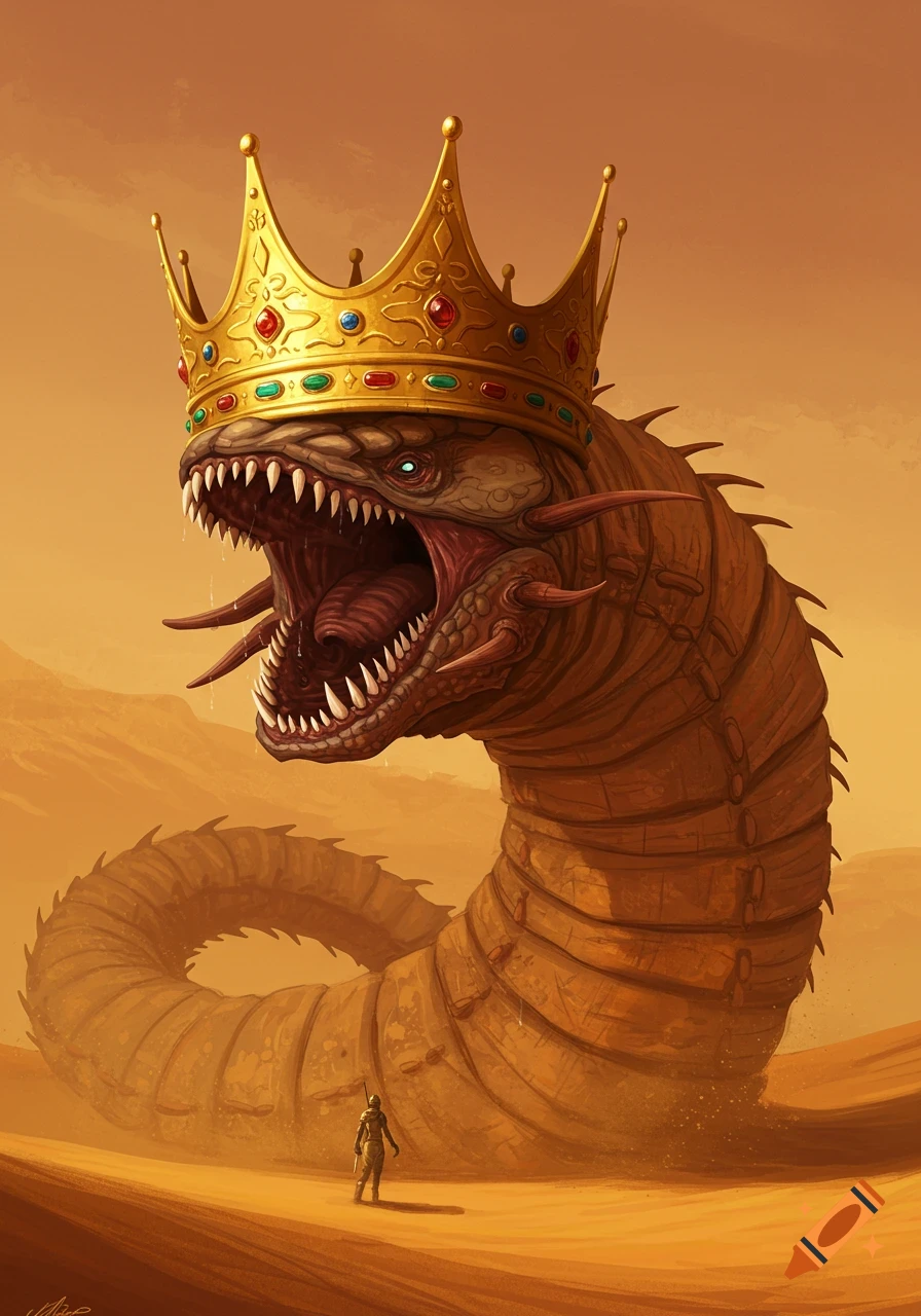 A large sandworm monster wearing a golden crown roars over a small ...