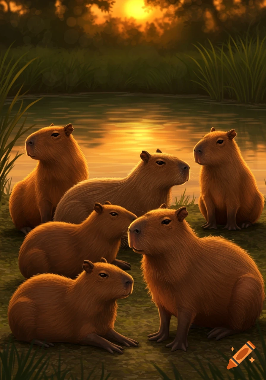 Several capybaras sit near water at sunset in a natural setting on Craiyon