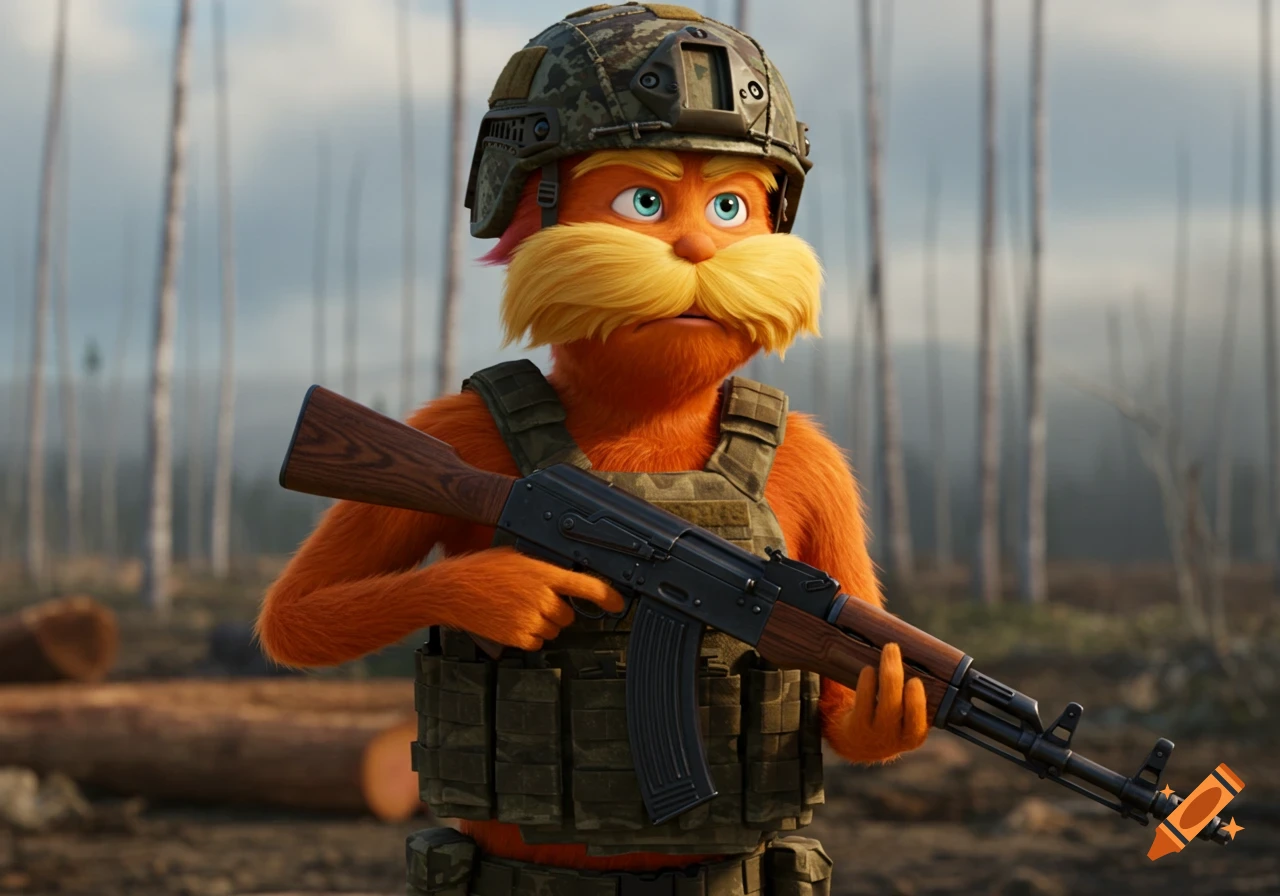The Lorax in military gear holding a rifle in a barren landscape. on ...