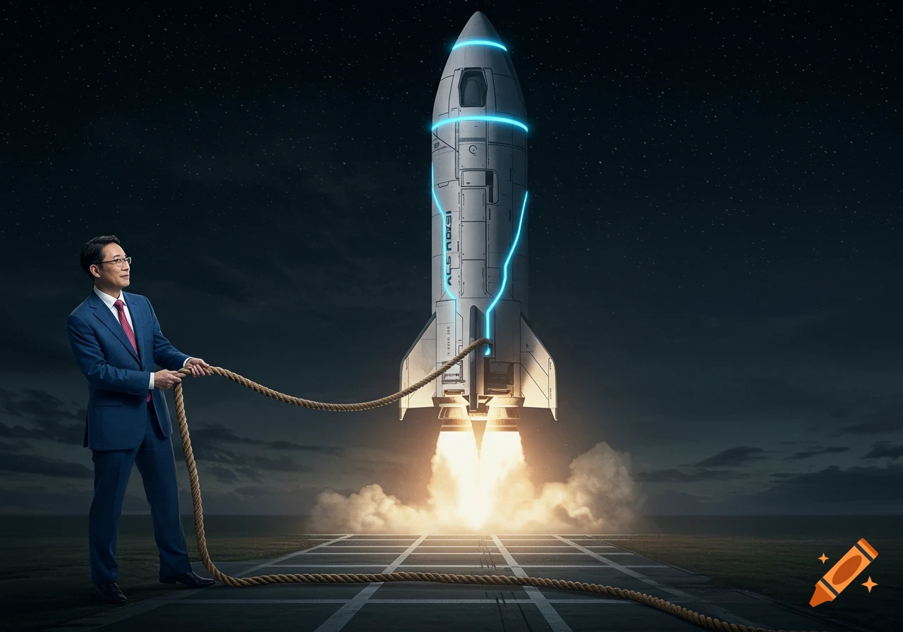 A business executive pulls a rope attached to a rocket on a launchpad ...