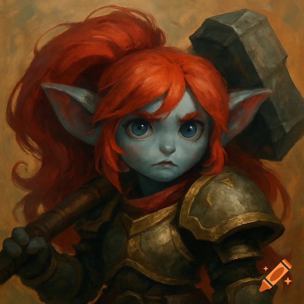 Painted portrait of a small fantasy character with red hair, blue eyes ...