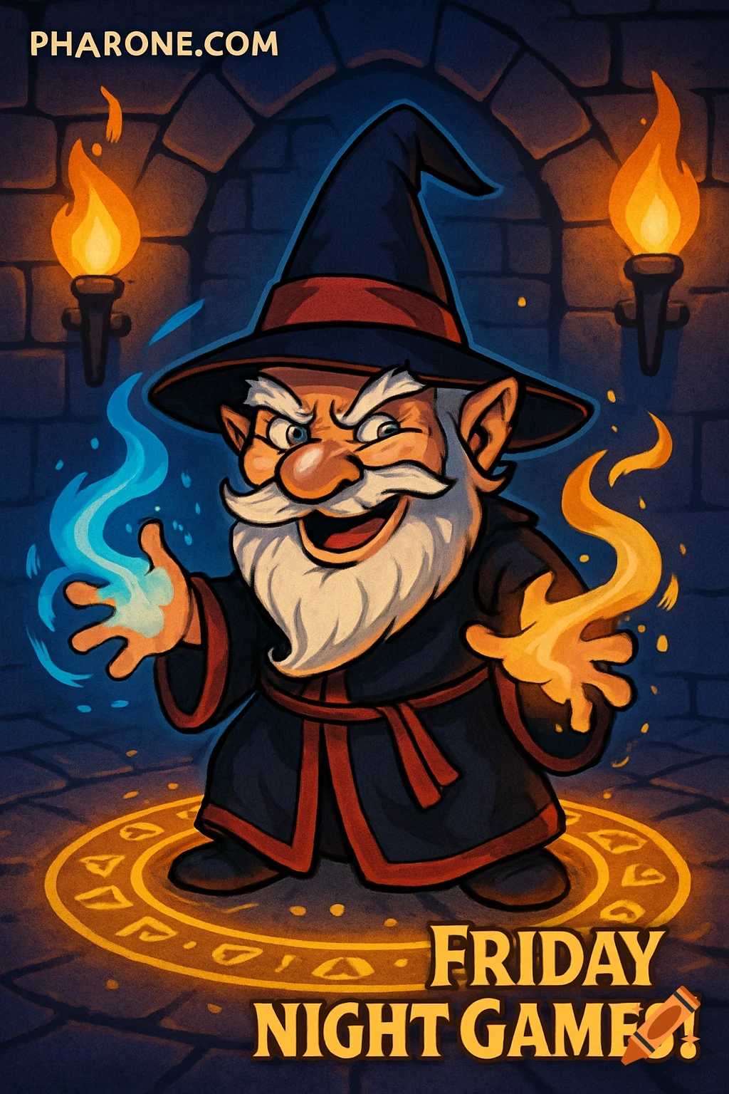 Cartoon fantasy illustration of a whimsical wizard gnome casting spells ...