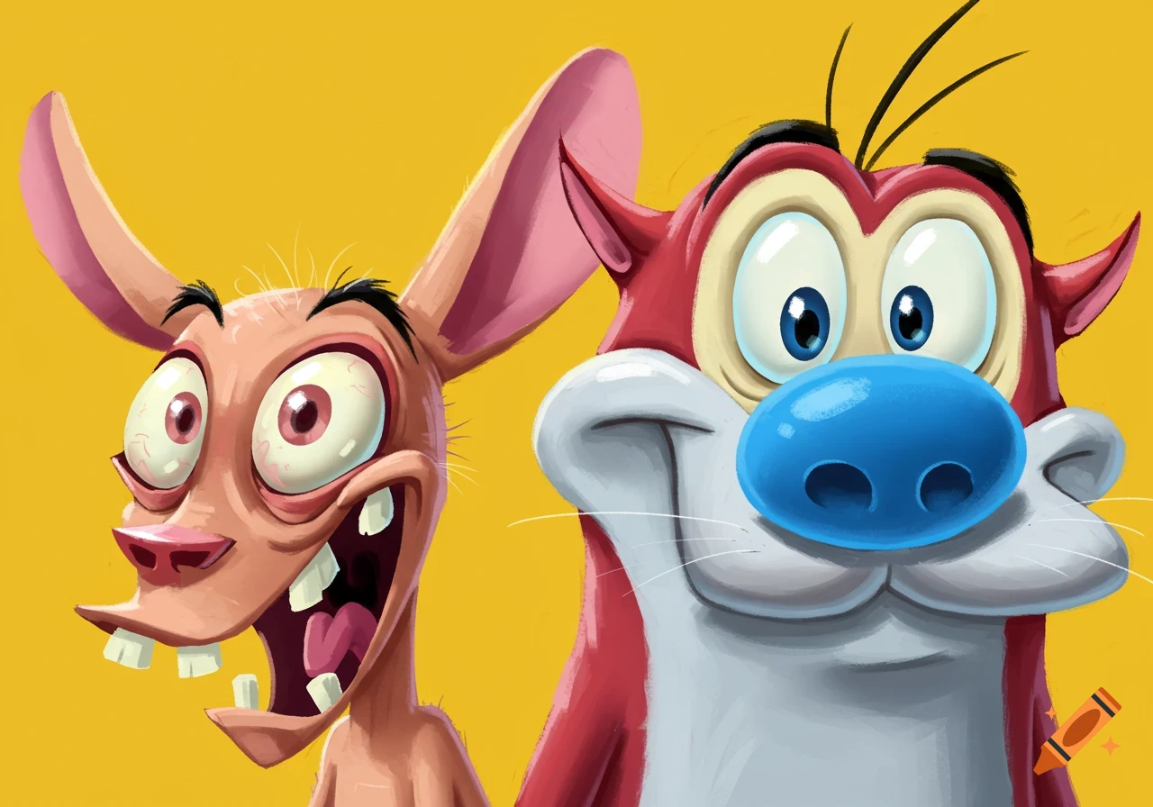 Close up stylized illustration of the cartoon characters Ren and Stimpy ...