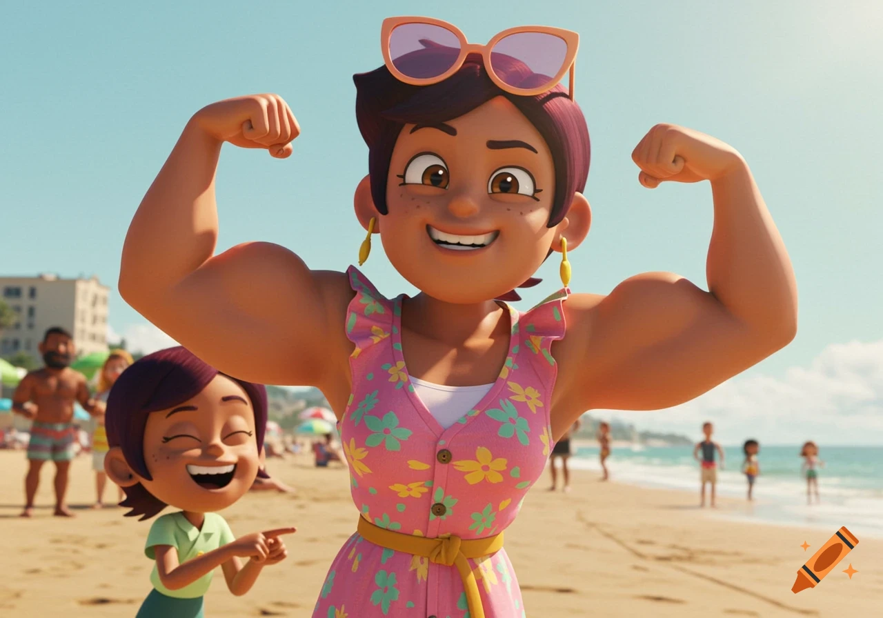 Animated woman flexing muscles on a beach with a laughing child. on Craiyon