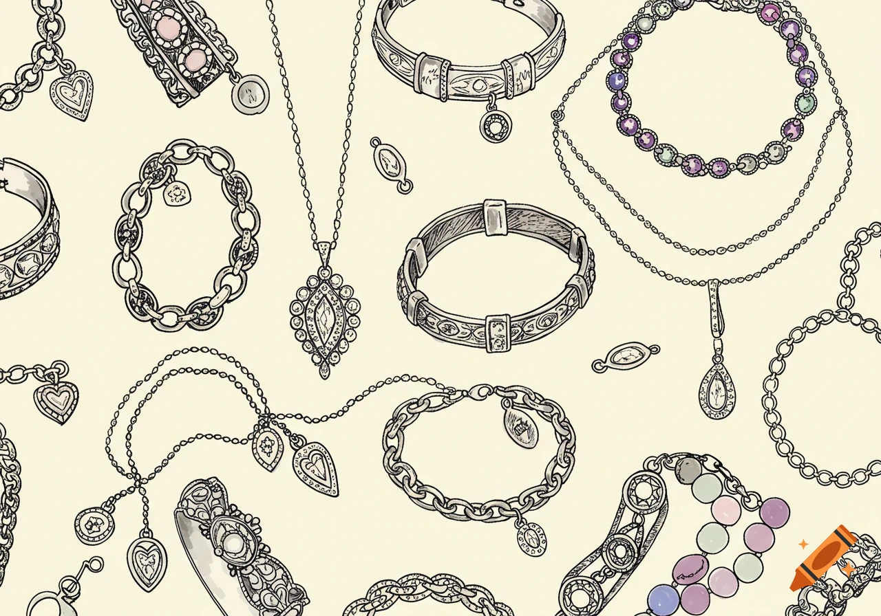 Seamless pattern of drawn bracelets and necklaces with subtle color ...