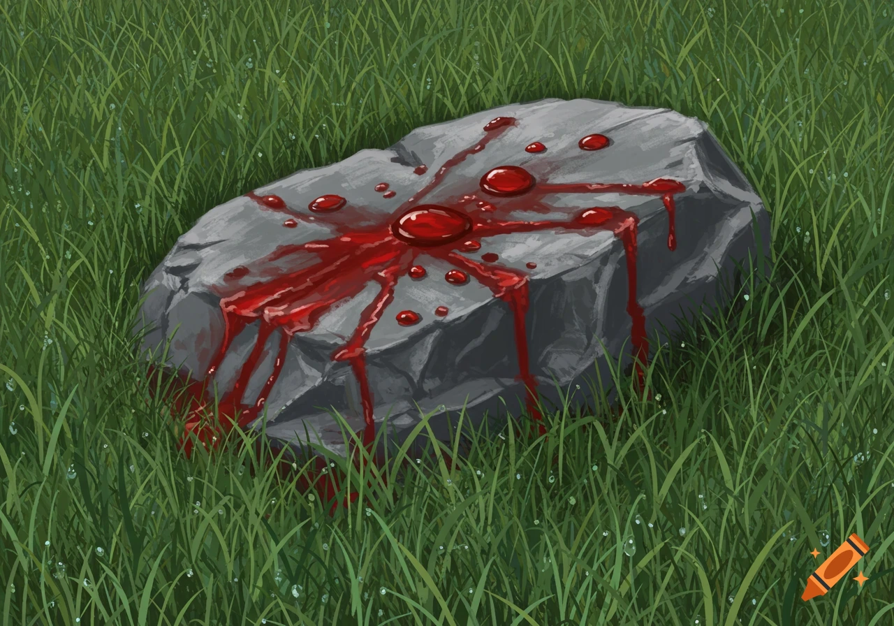 Illustration of a rock covered in blood drops and streaks, resting in ...