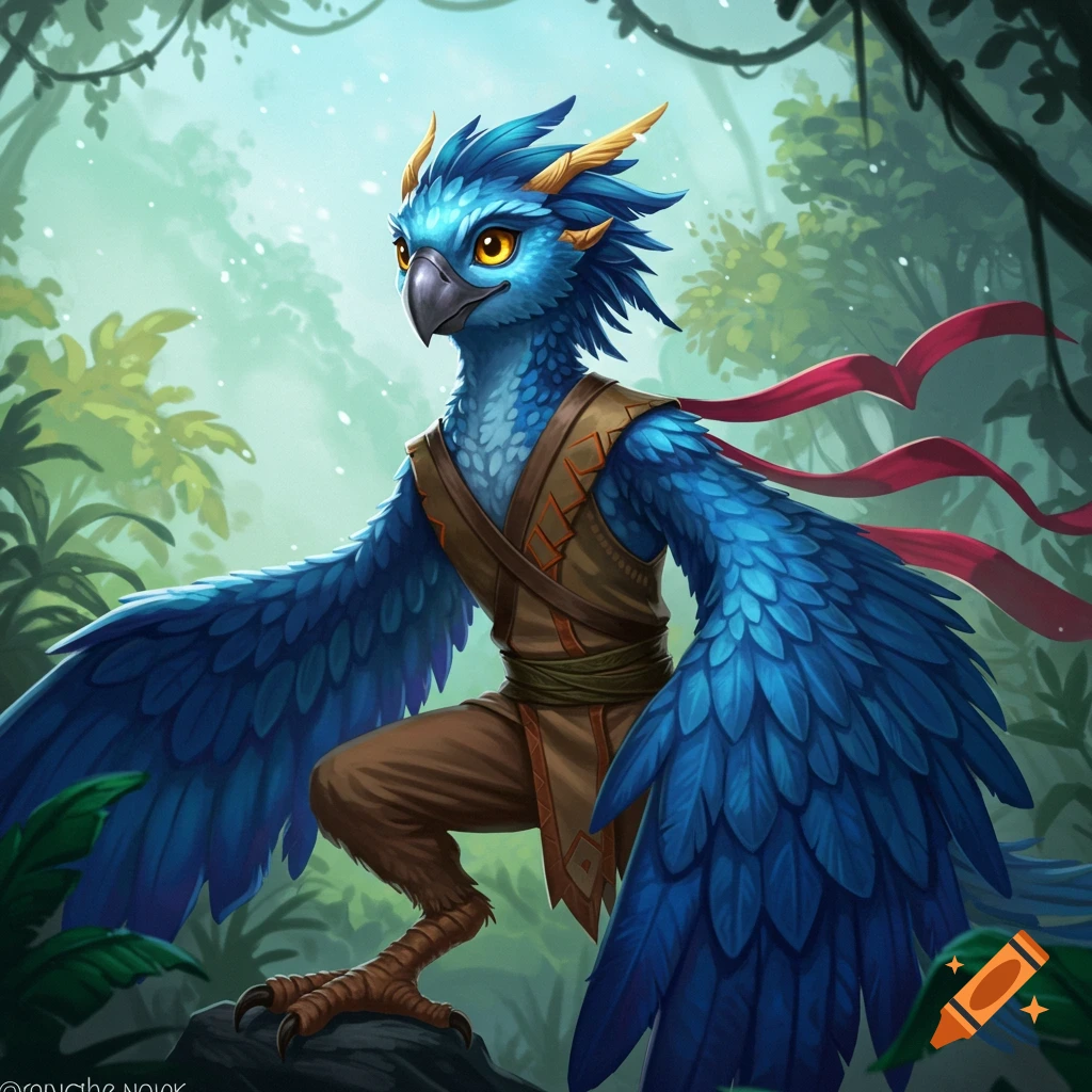 A blue avian fantasy creature with large wings and clothing stands in a ...