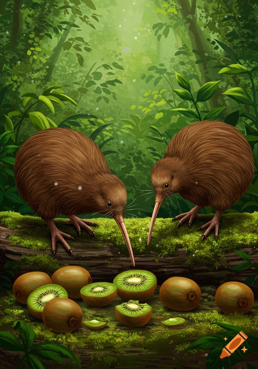 Two kiwi birds look at cut and whole kiwi fruits on a mossy log in a forest. on Craiyon