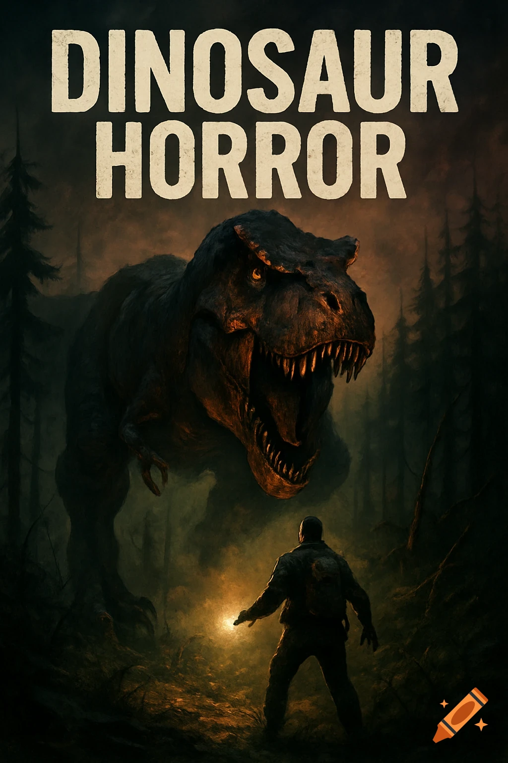 A person faces a large, scary dinosaur in a dark forest with the text ...