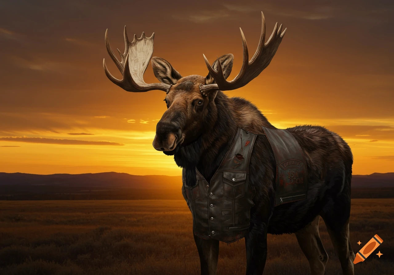 A moose wearing a leather motorcycle vest stands in a field at sunset ...
