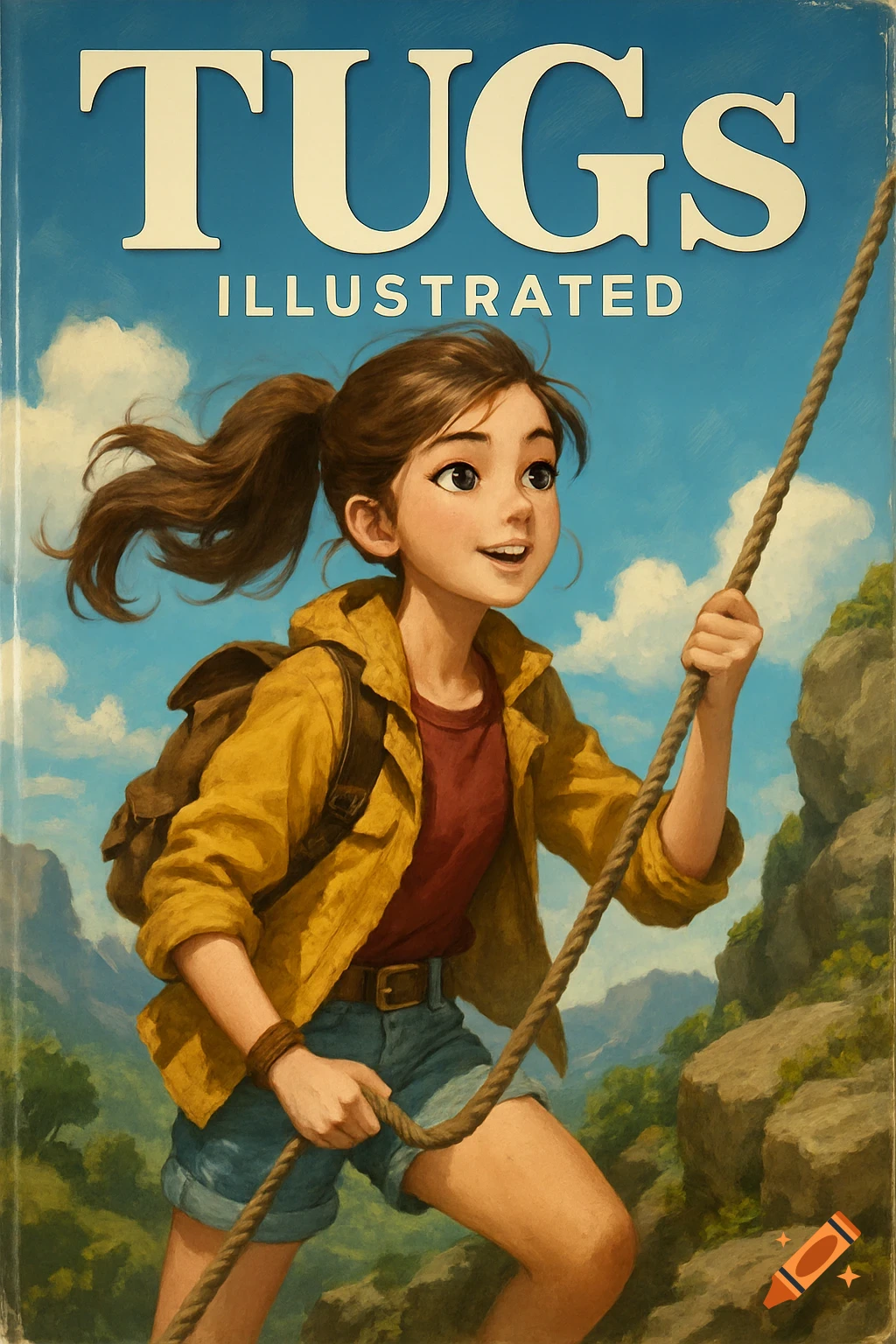 Illustration of a young girl climbing a rock face, holding a rope, with ...