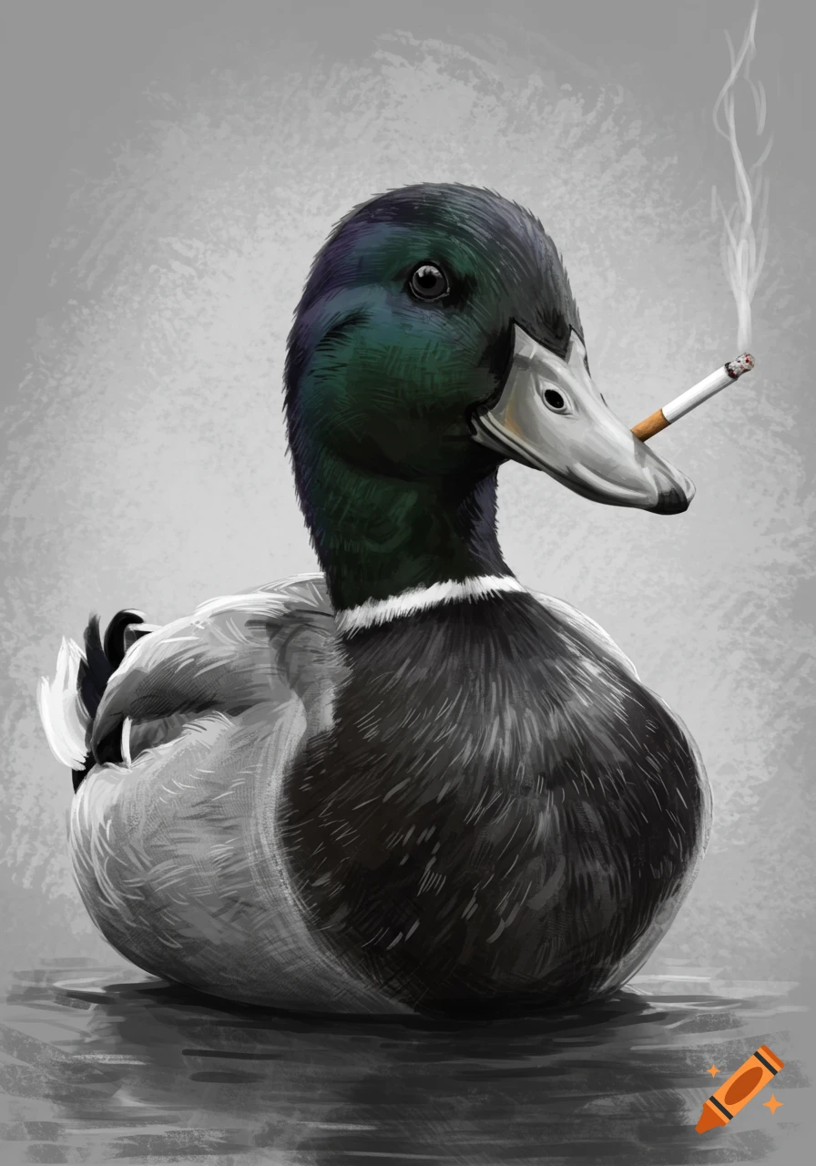 Realistic painting of a mallard duck with a cigarette hanging from its ...