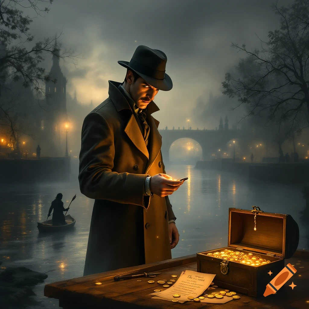 Man in trench coat looks at glowing object beside treasure chest in ...