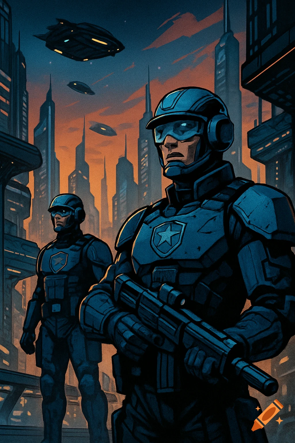 Comic art of two futuristic police officers with weapons in a city at ...