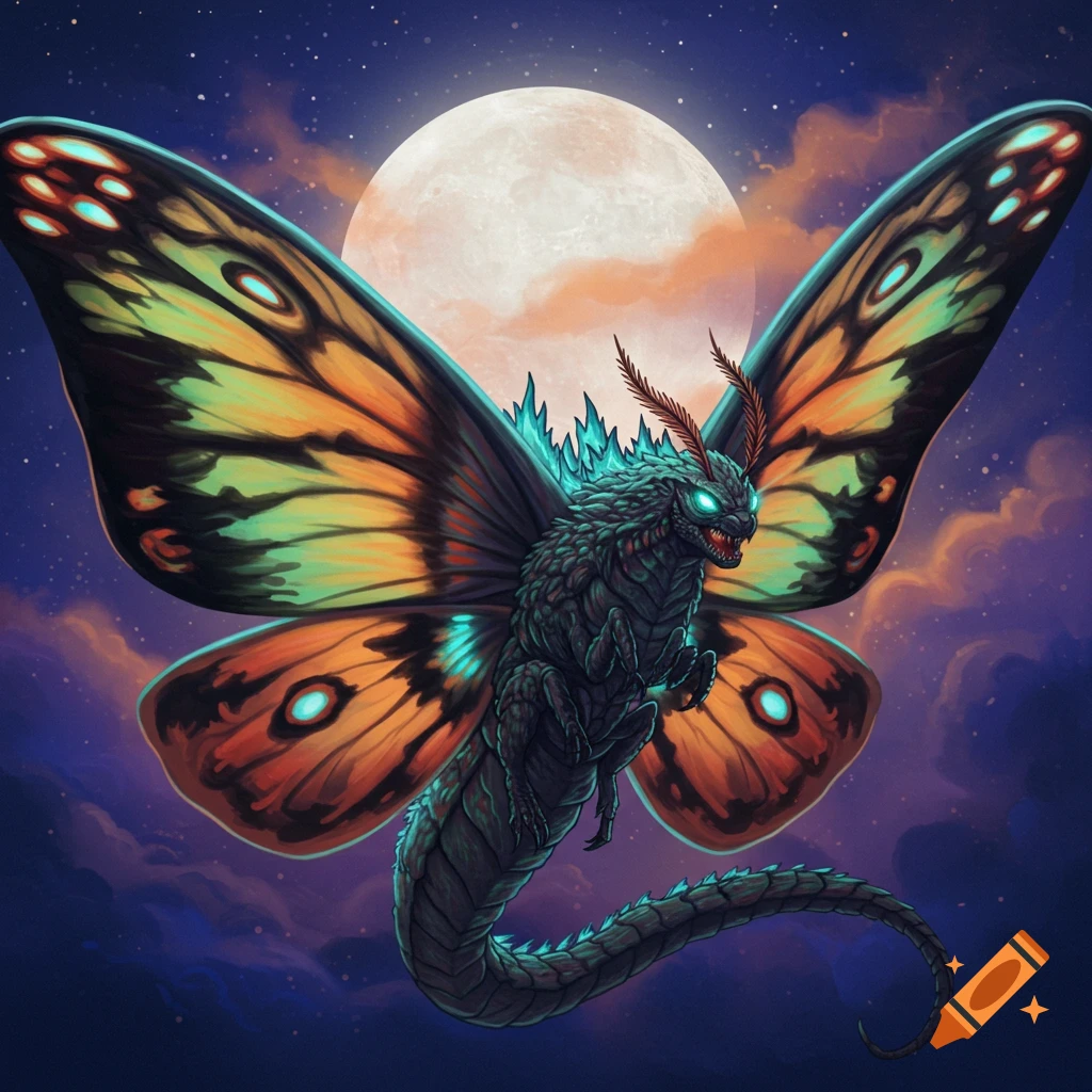 A hybrid creature with Godzilla's body and Mothra's wings flies in ...