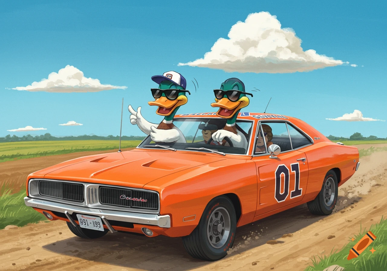 Two cartoon ducks in sunglasses and a baseball cap drive the General ...