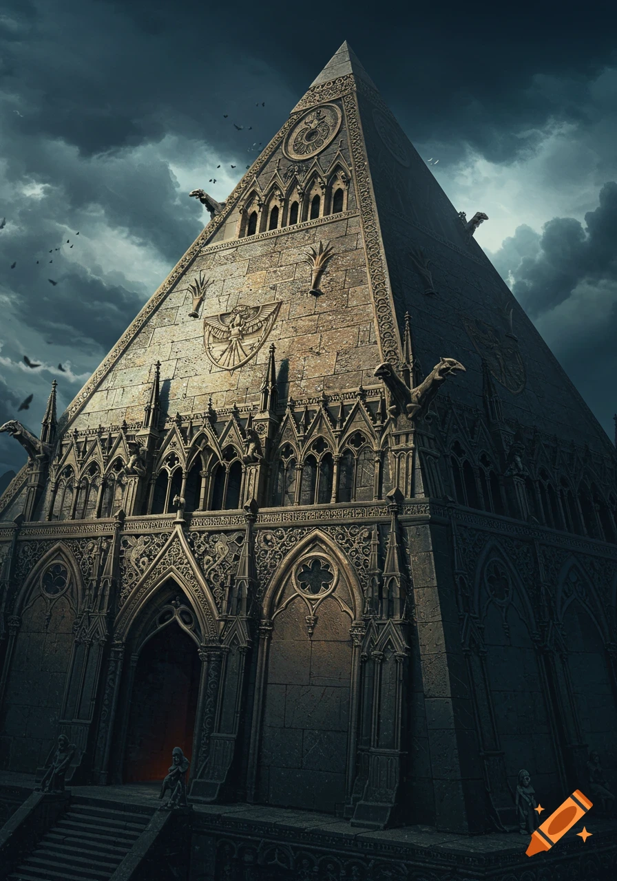 A large pyramid structure built in gothic architectural style under a ...