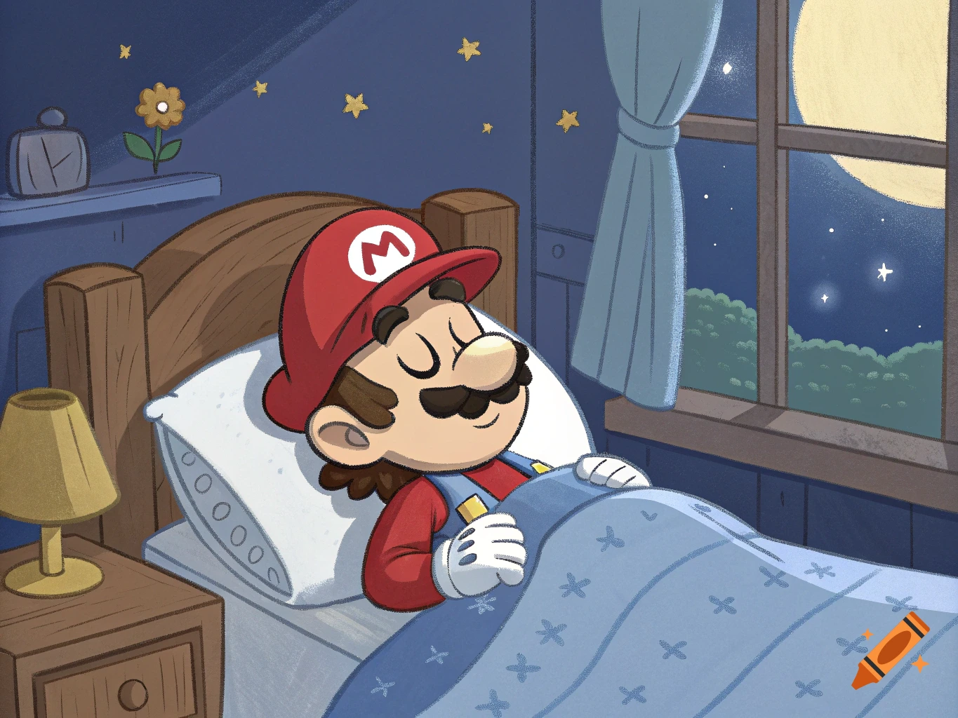 Cartoon of Super Mario sleeping contentedly in bed at night on Craiyon