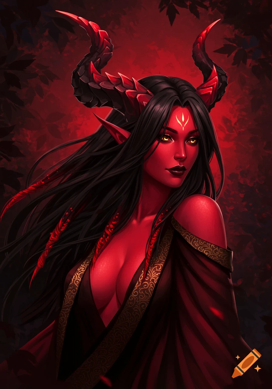 A digital illustration of a tiefling woman with red skin and large black and red horns. on Craiyon