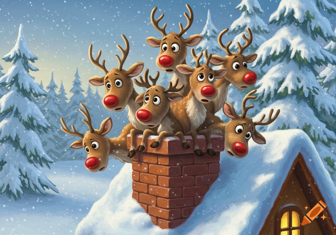 Multiple cartoon reindeer with red noses crowd around a chimney on a ...