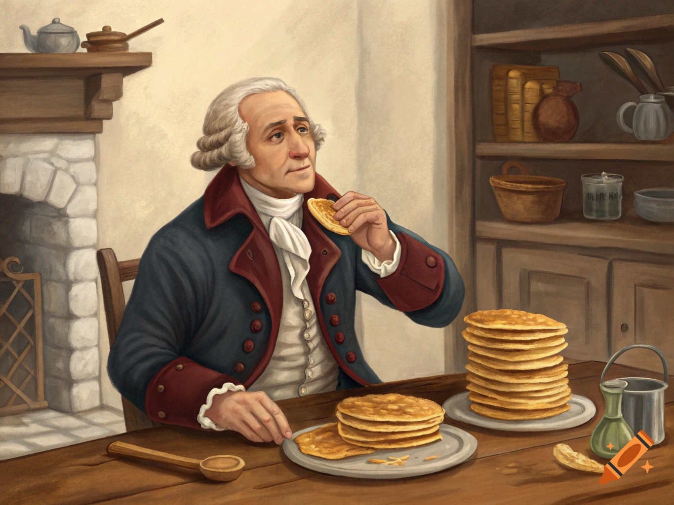 Illustration of George Washington eating hoecakes at a table. on Craiyon