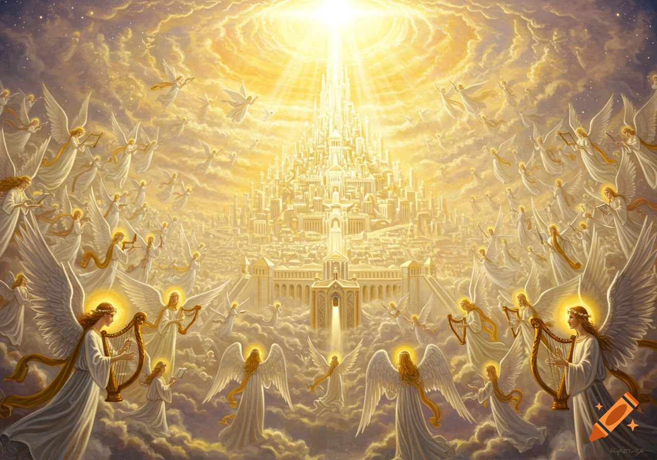 A glorious city of light surrounded by flying angels playing harps in a ...