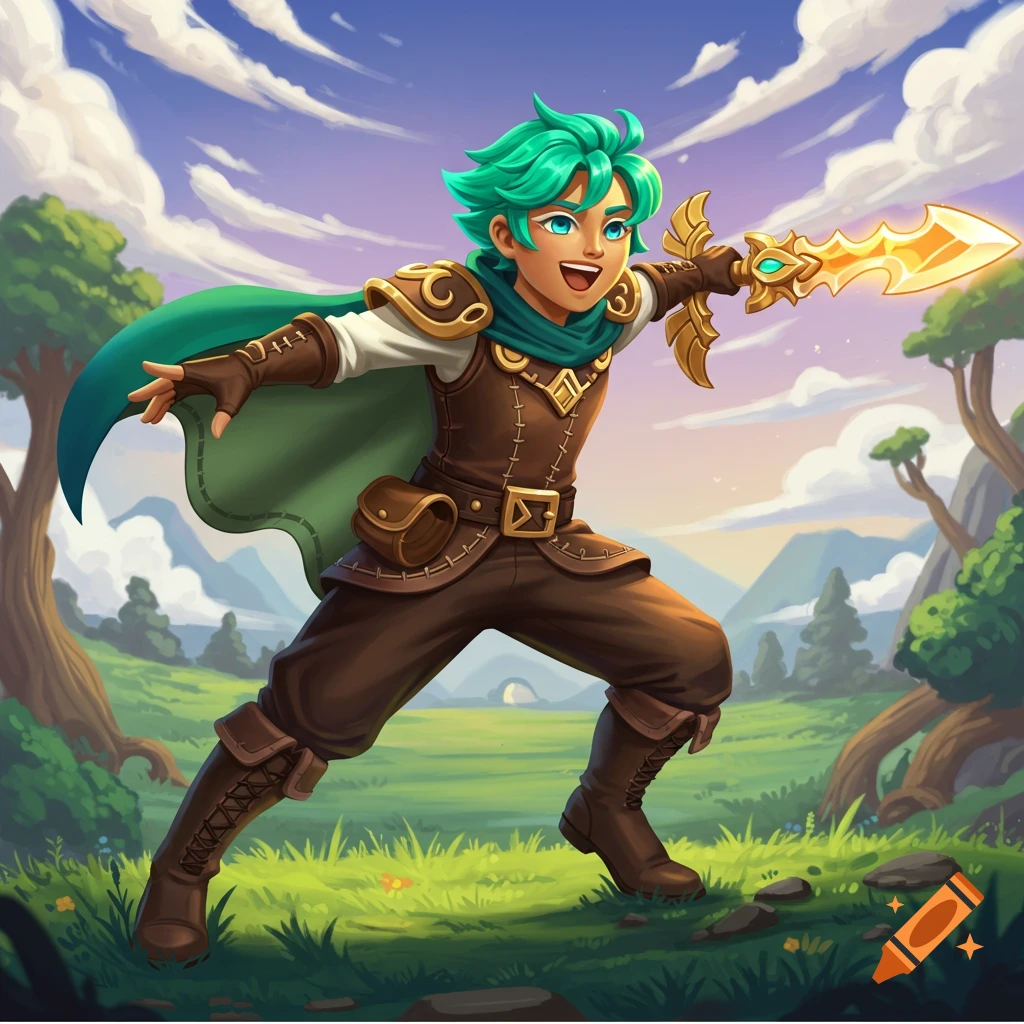 Young fantasy adventurer with green hair and cape holding a glowing ...