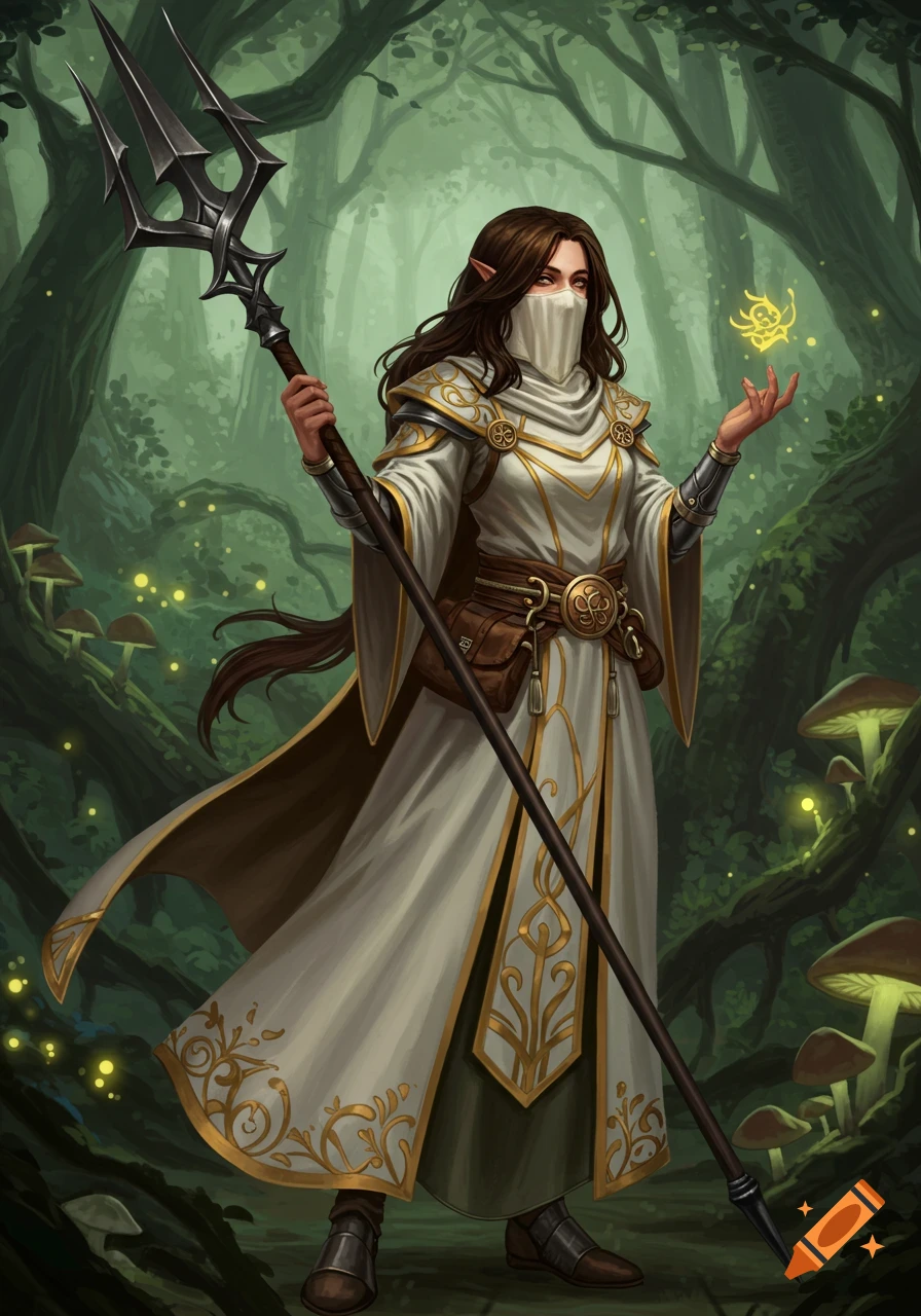 A fantasy character, an elf priest in white robes with a veiled face ...
