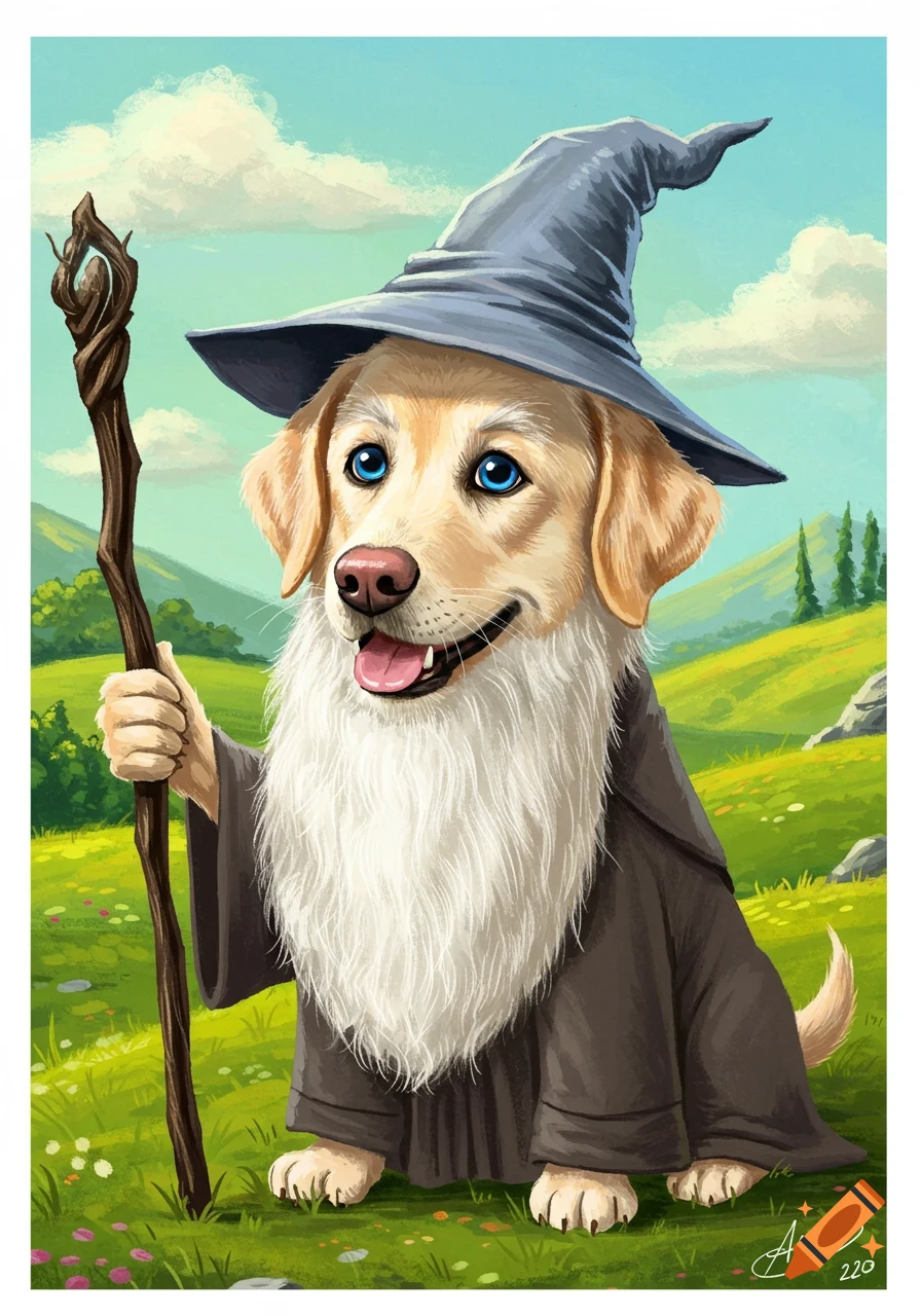 A cartoon golden retriever dressed as a wizard, holding a staff, stands ...