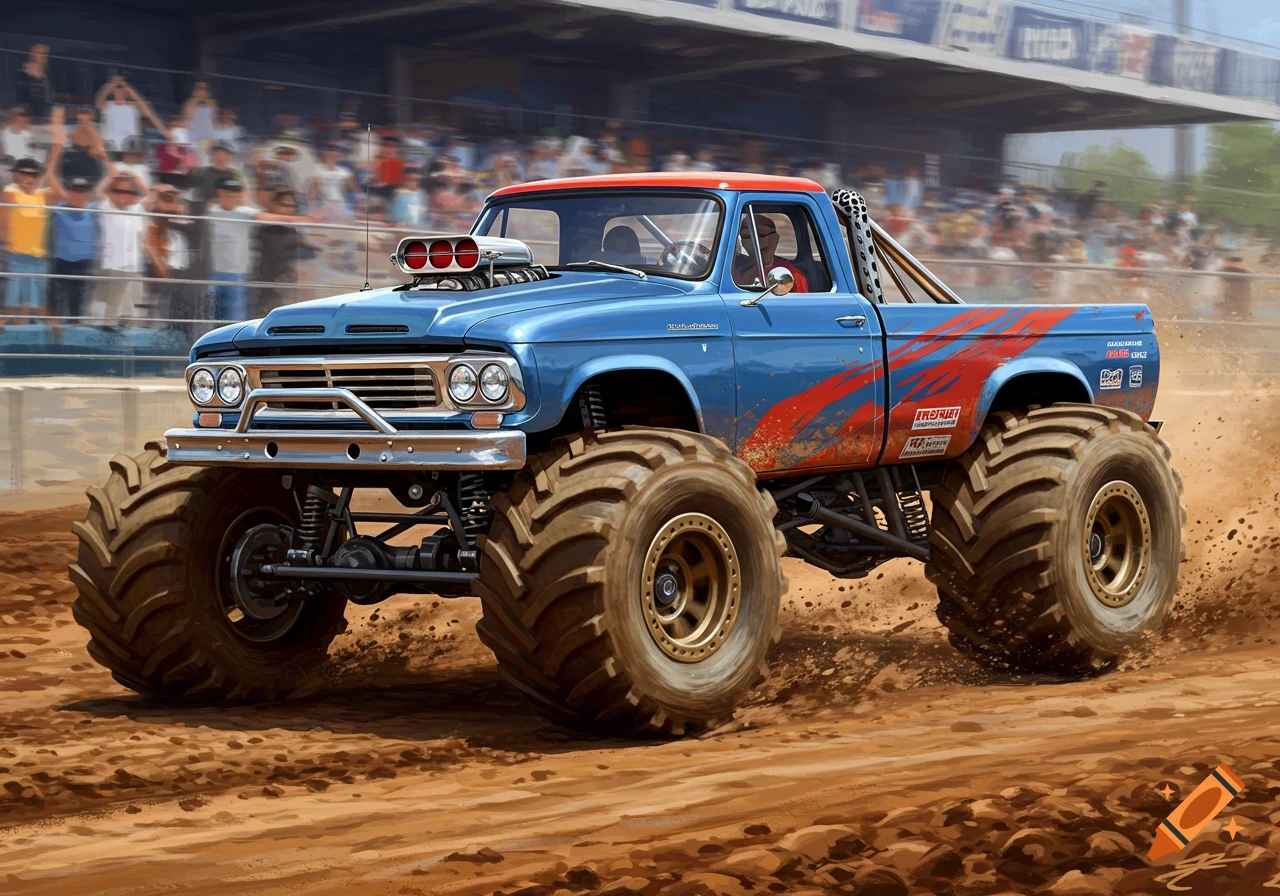Blue and red monster truck races on a dirt track in front of a crowd ...