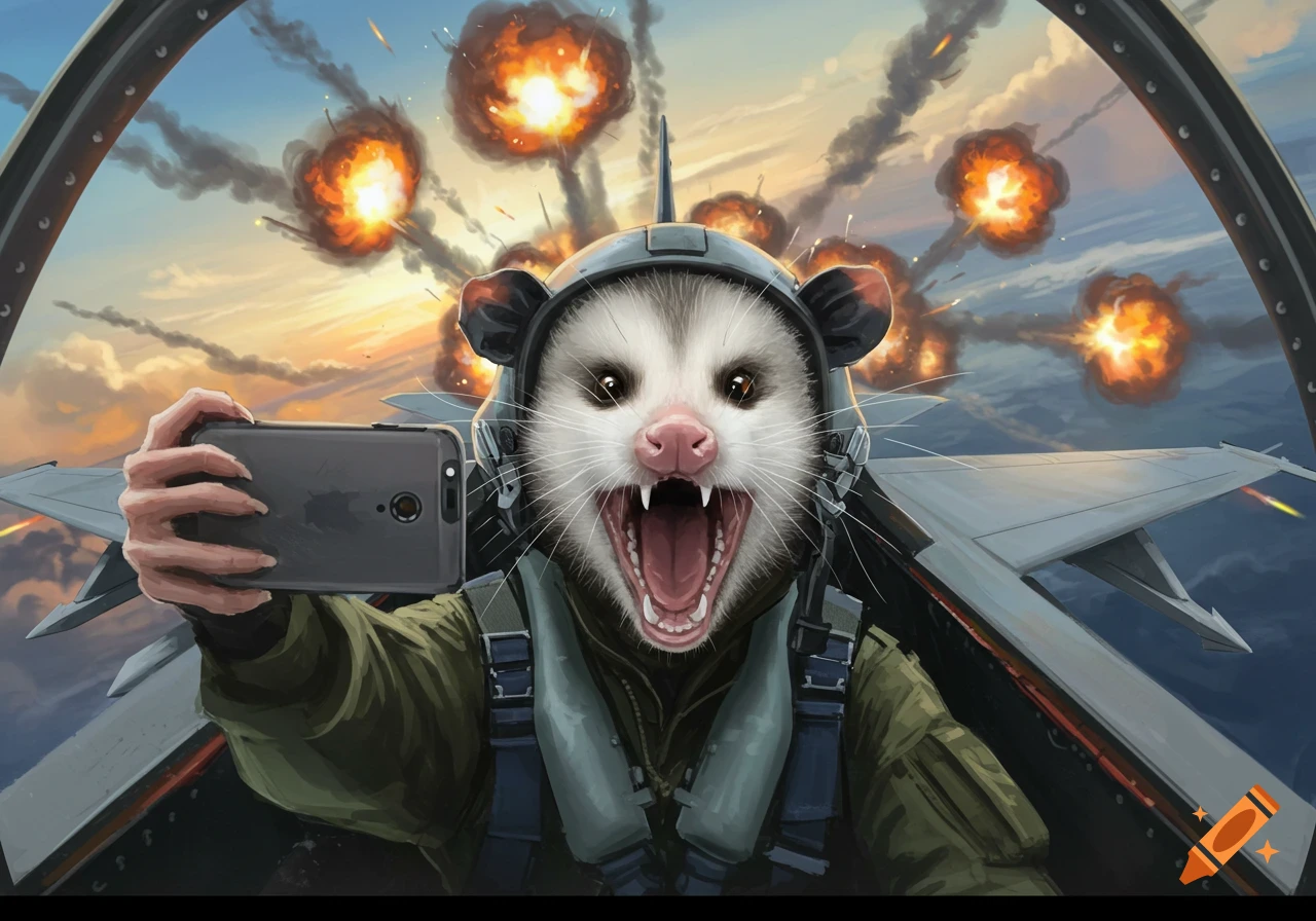 An opossum pilot takes a selfie in a fighter jet cockpit with ...