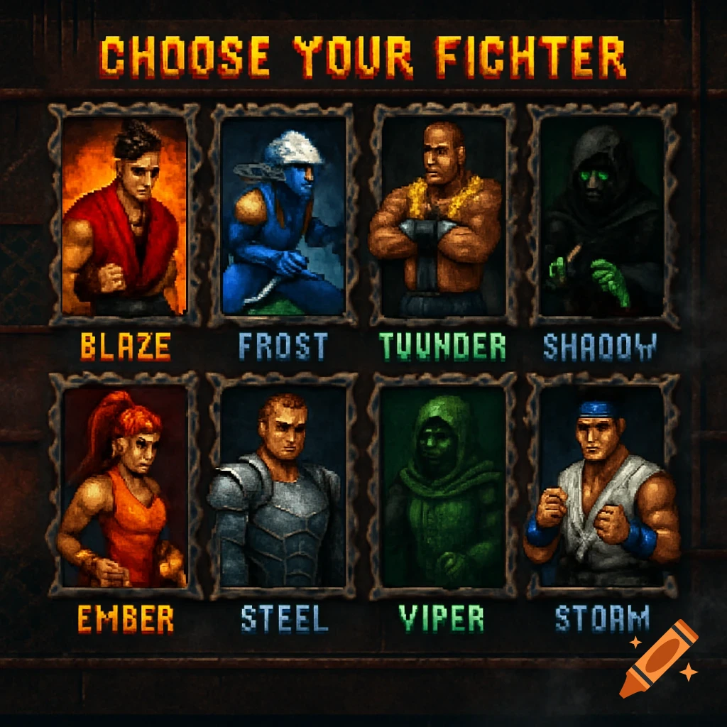 Pixel art fighting game character select screen with portraits and ...