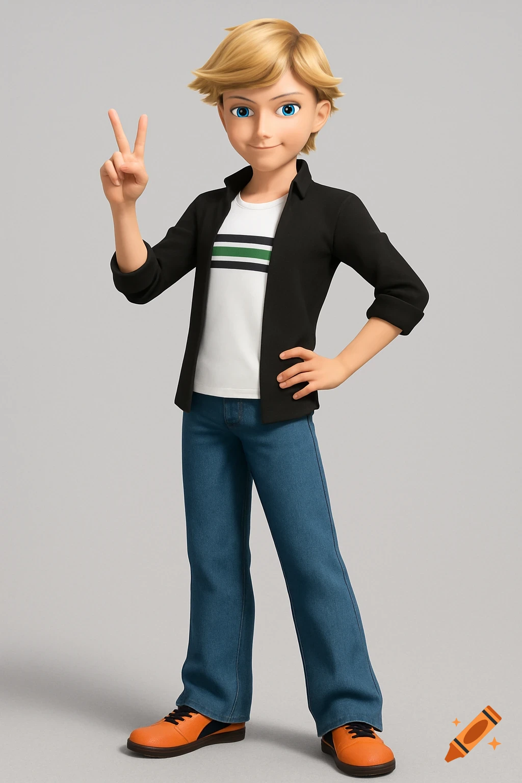 3D rendered cartoon character Adrien Agreste poses with a peace sign on ...