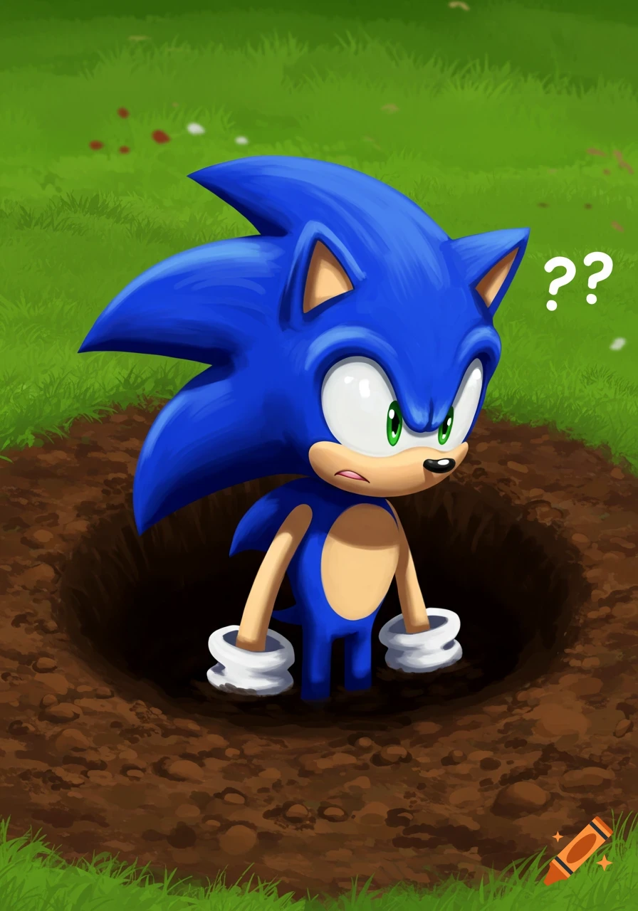 Cartoon Sonic the Hedgehog looks confused while stuck in a hole. on Craiyon