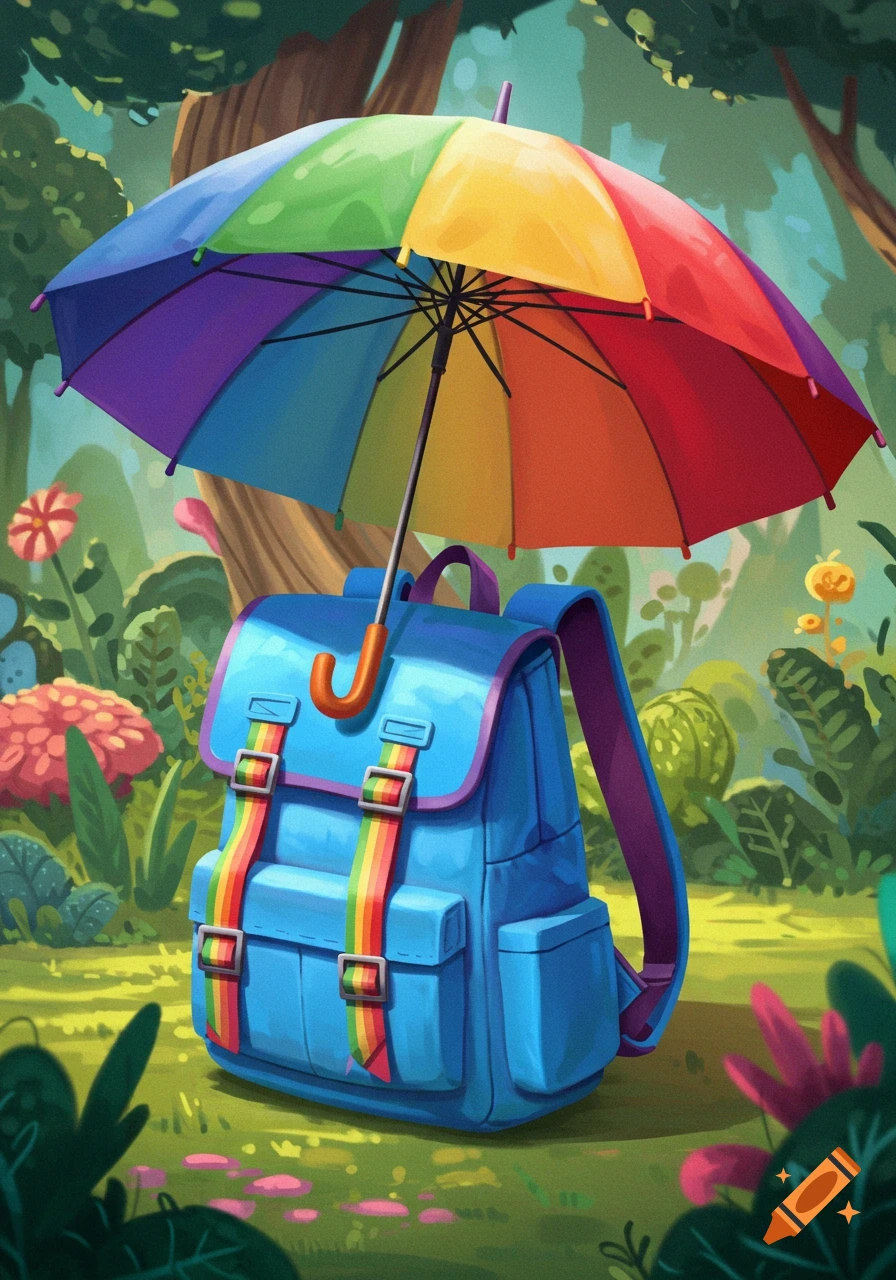 A blue backpack with rainbow straps sits under a rainbow umbrella in a ...