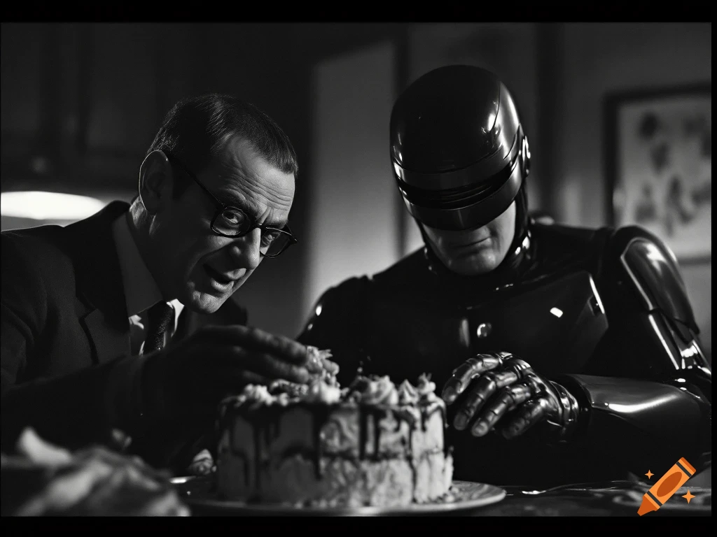 Mr. Bean and Robocop look at a cake in a black and white photo. on Craiyon
